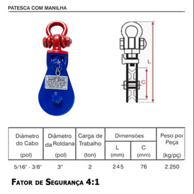 Patesca Simples com Manilha Curva Para Cabos 3/8" Capacidade de Carga ...